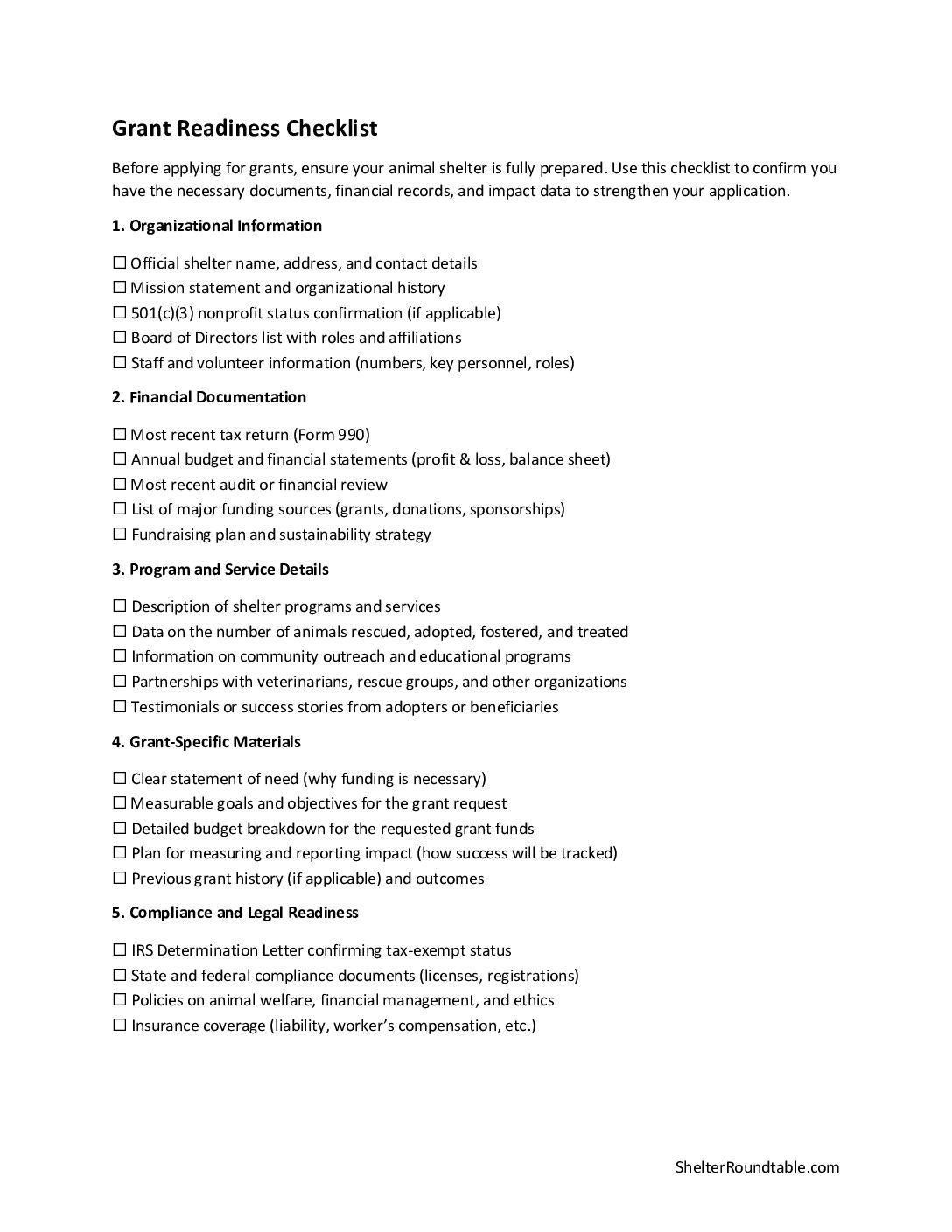 Grant Readiness Checklist - Shelter Roundtable